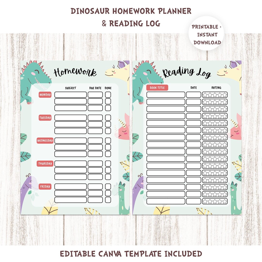 Dinosaur Homework Planner & Reading Log Printable for Kids - Etsy