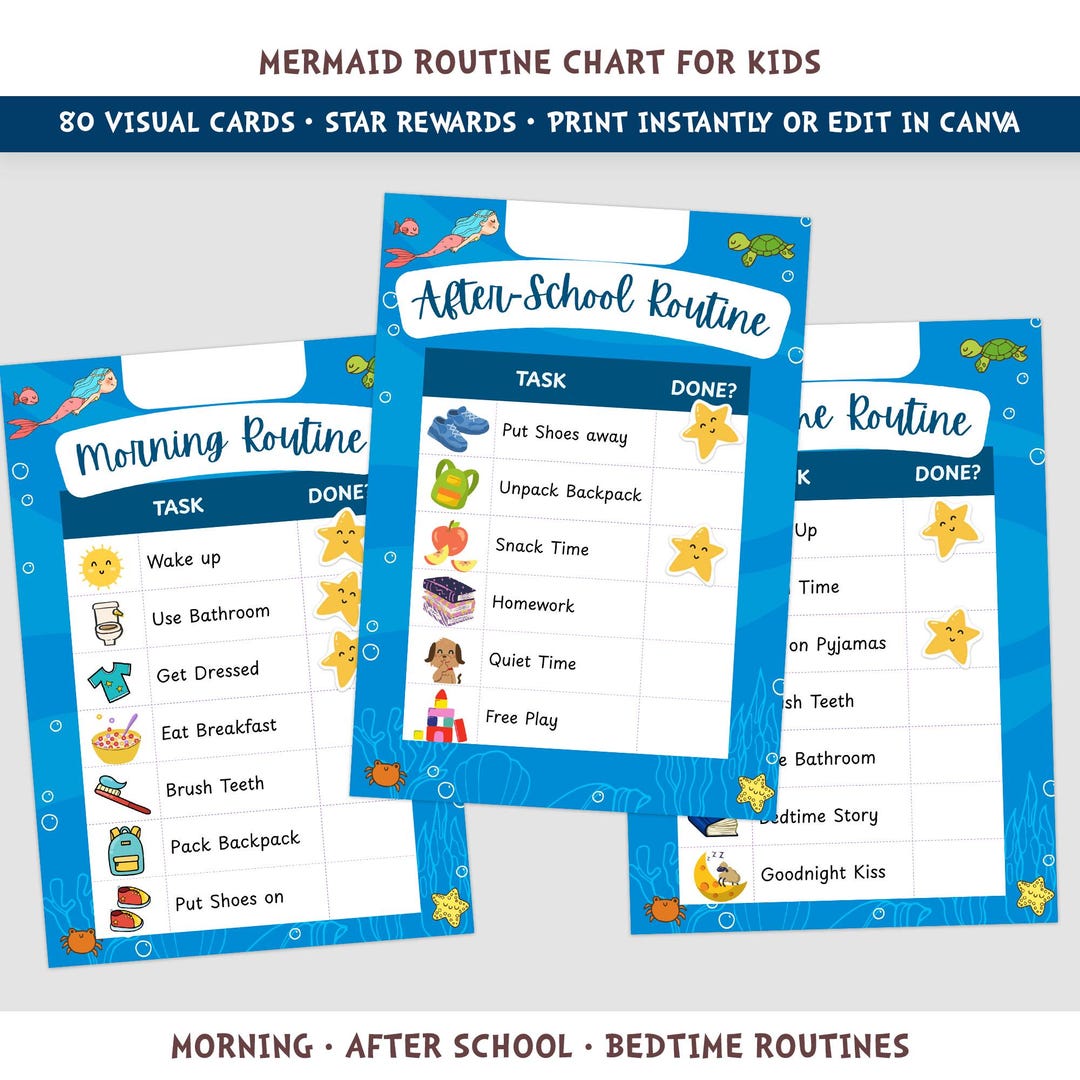 Mermaid Routine Chart for Kids Printable Canva Template Daily Chore ...
