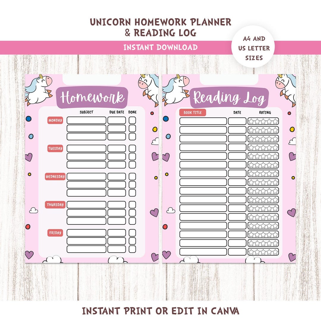 Unicorn Homework Planner & Reading Log Printable | Kids Study Tracker ...