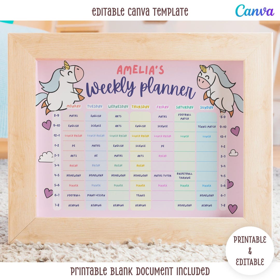 Unicorn Weekly Planner for Kids Printable | Canva Editable and Instant ...