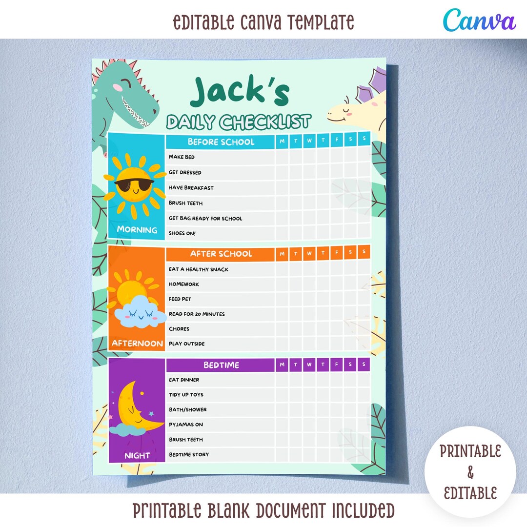 Dinosaur Daily Routine Chart for Kids and Toddlers | Canva Editable and ...