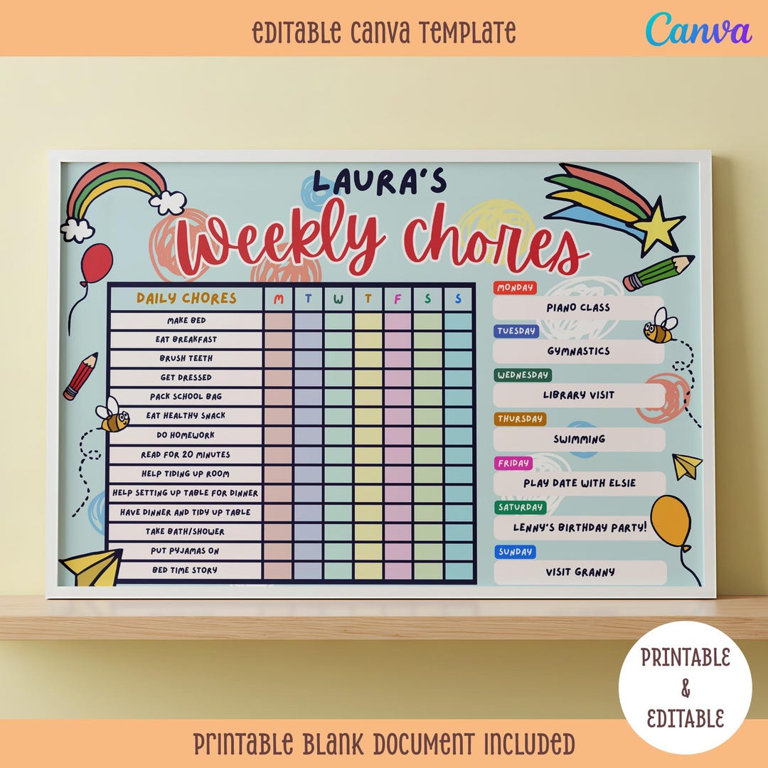 Editable Kids Weekly Chore Chart | Printable Daily Routine Chart for ...