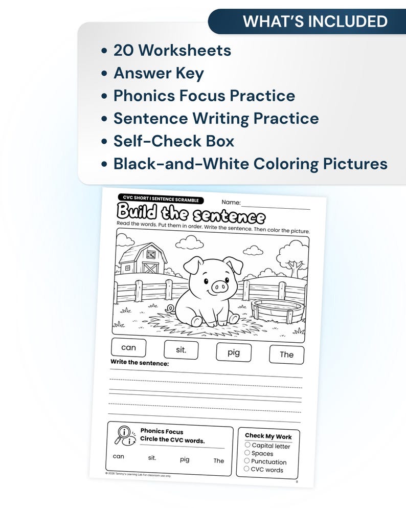 CVC Short I Sentence Scramble Worksheets, Kindergarten Phonics ...