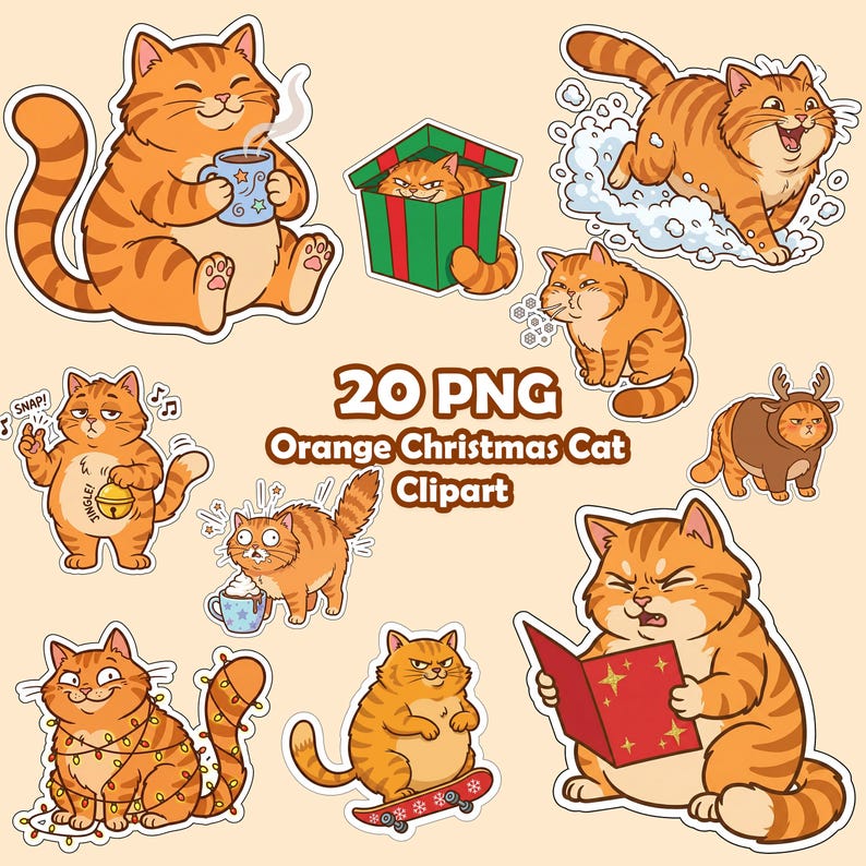20 PNG Orange Cat Christmas Clipart Set - Etsy