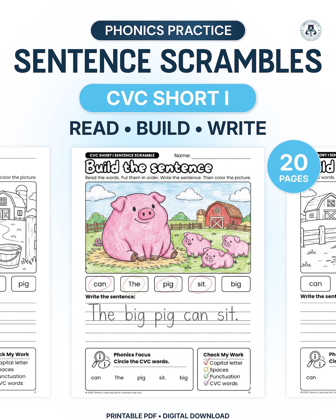 CVC Short I Sentence Scramble Worksheets, Kindergarten Phonics ...