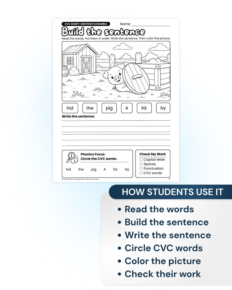 CVC Short I Sentence Scramble Worksheets, Kindergarten Phonics ...