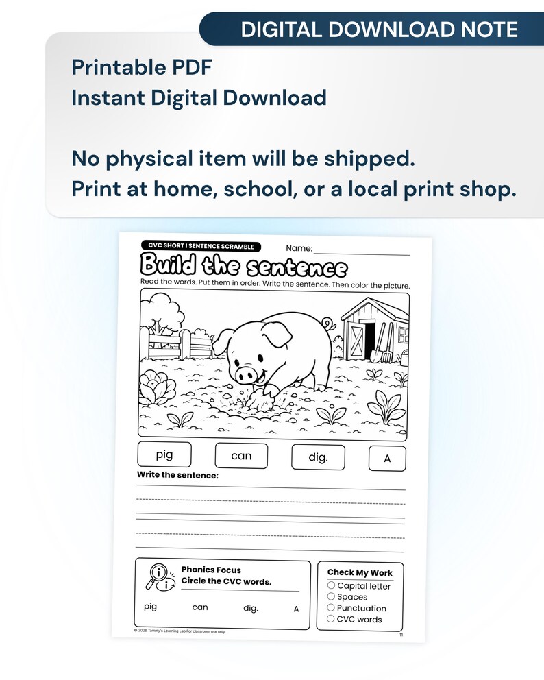CVC Short I Sentence Scramble Worksheets, Kindergarten Phonics ...