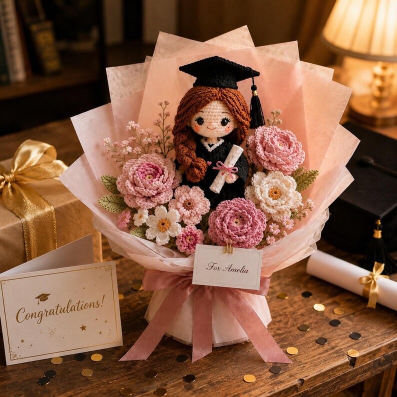 Handmade Crochet Graduation Bouquet With Flowers Doll, Personalized ...