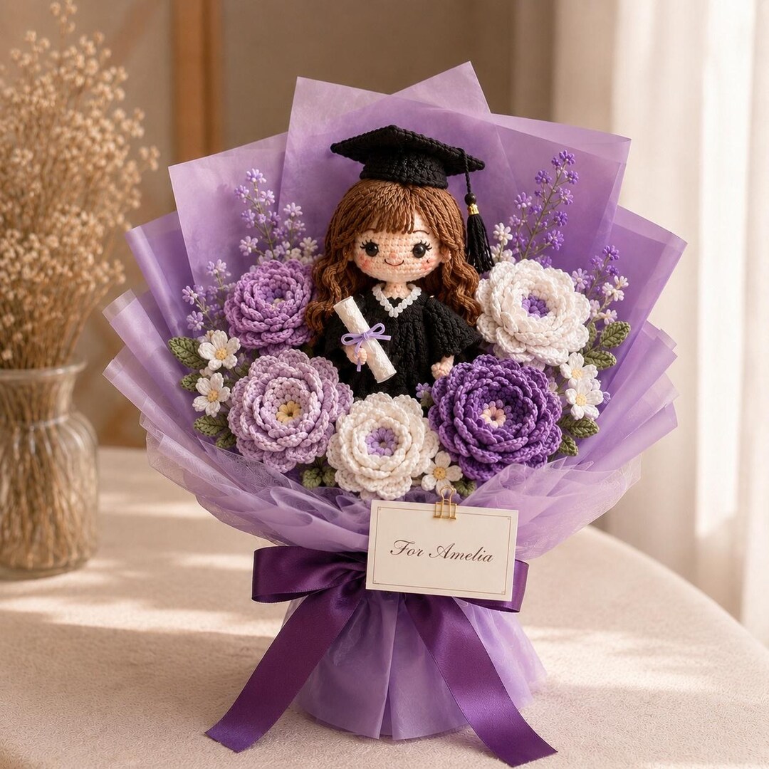 Handmade Crochet Graduation Bouquet With Flowers Doll, Personalized ...