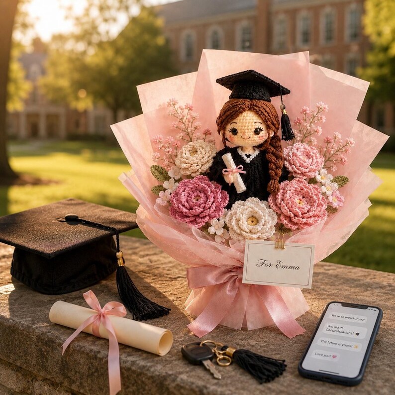 Handmade Crochet Graduation Bouquet With Flowers Doll, Personalized ...