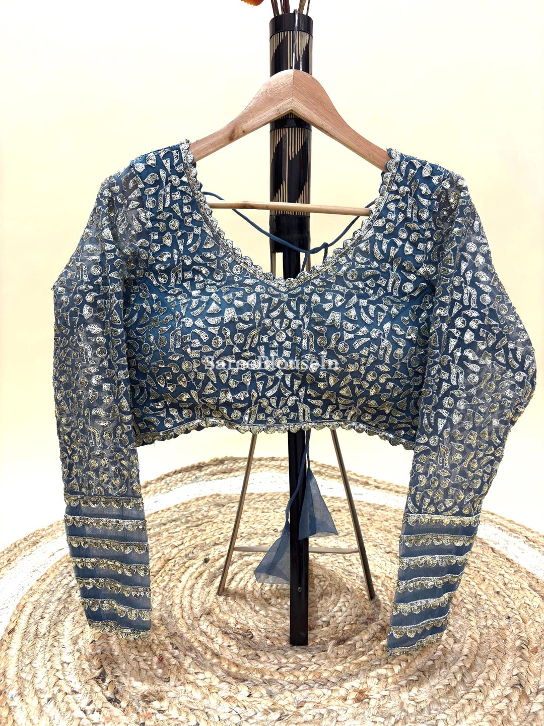 Party Blue Sequins Saree Blouse, Soft Net Wedding, Broad V- Neck ...