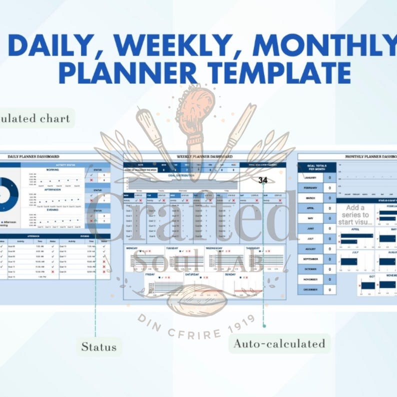 Daily Weekly Monthly Planner Excel Template, Editable Productivity ...