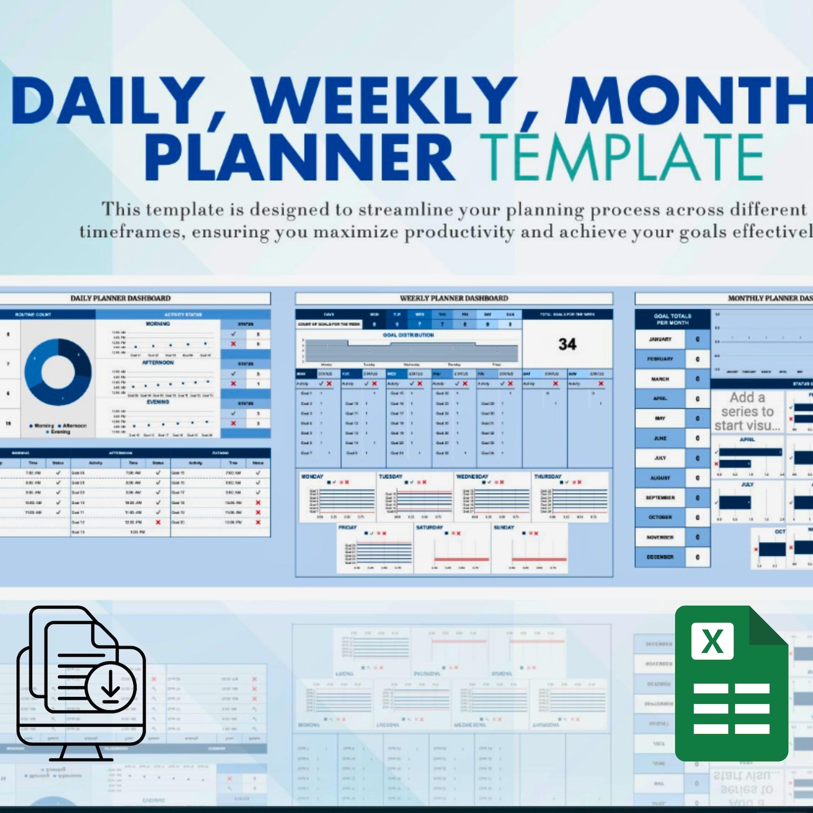 Daily Weekly Monthly Planner Excel Template, Editable Productivity ...