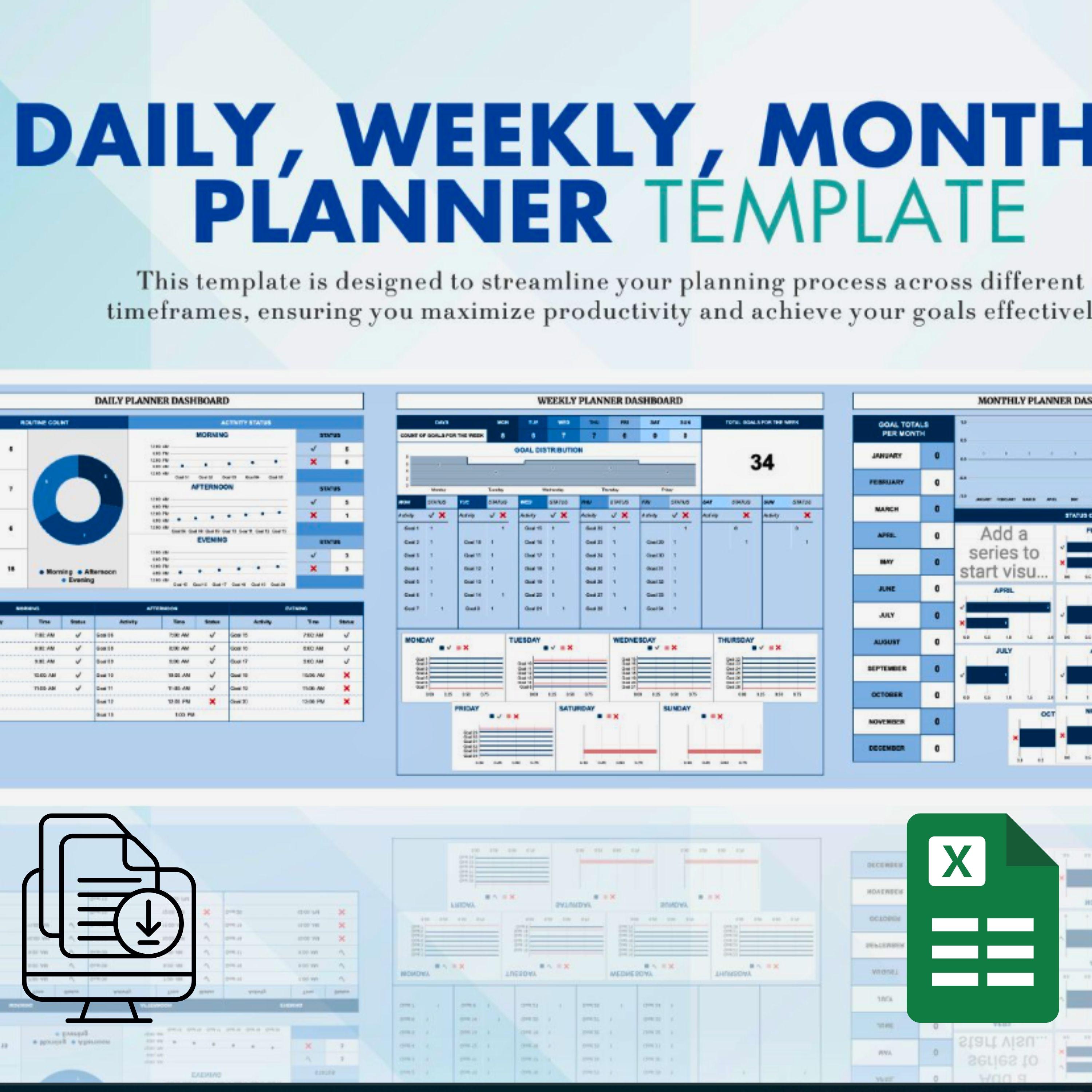Daily Weekly Monthly Planner Excel Template, Editable Productivity ...