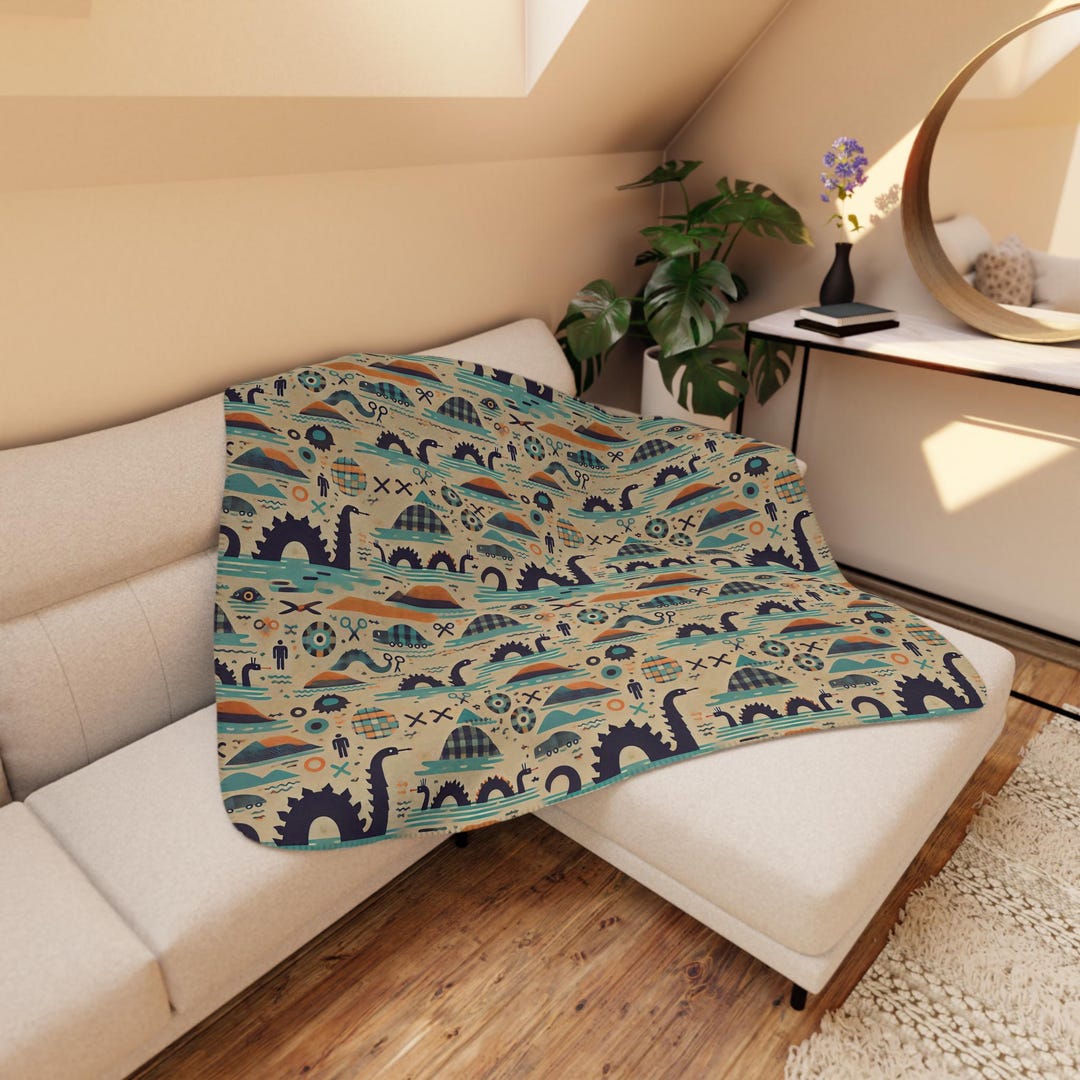 Loch Ness Monster Tan Sherpa Blanket, Scottish Tartan, Scotland Plaid ...