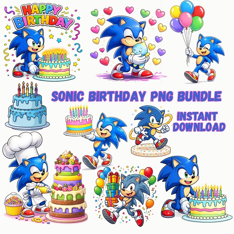 Sonic Birthday PNG Clipart Bundle, Kids Party Decorations (digital ...