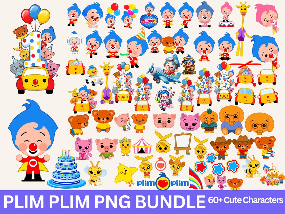 Plim Plim Clipart PNG Bundle, 70+ Cartoon Characters, Kids Birthday ...