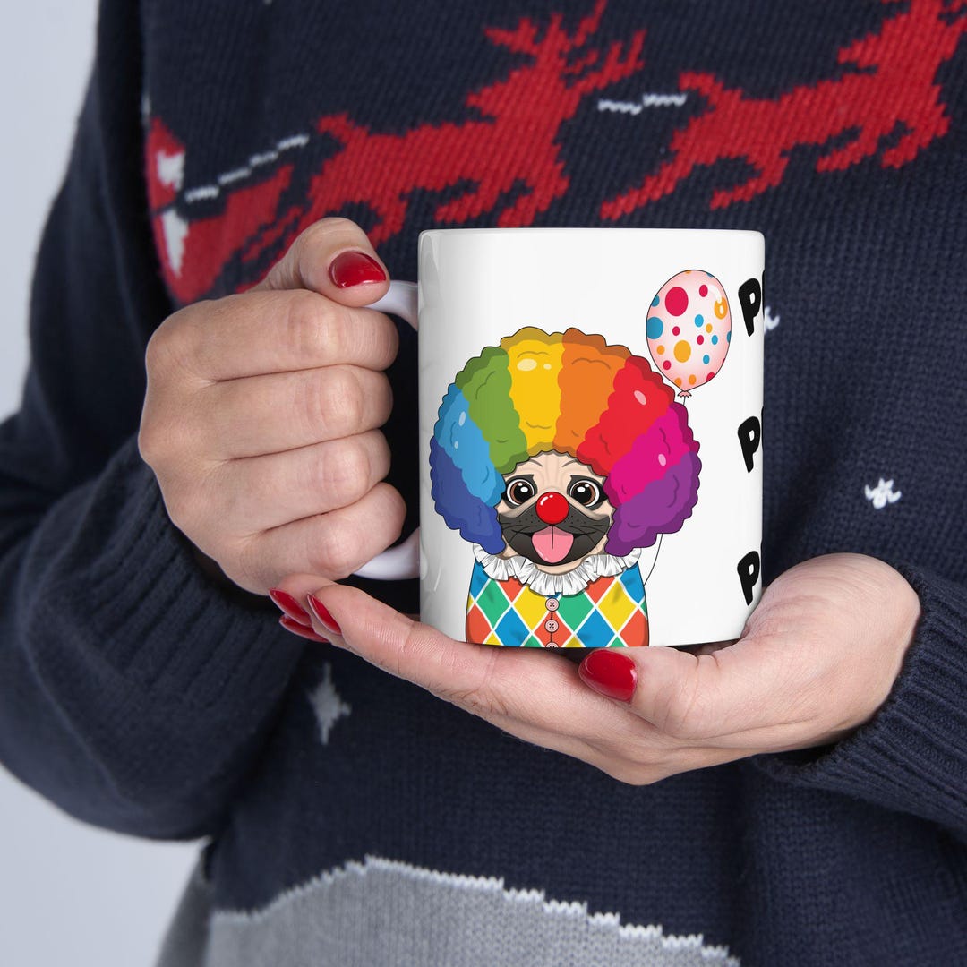 Clown Pug With Poka Dot Balloon Mug | Cute Dog Illustration Ceramic Mug ...
