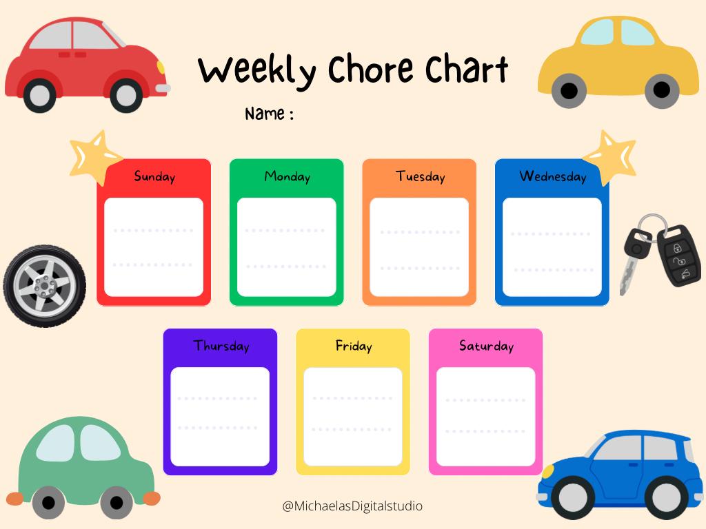 Printable Weekly Chore Chart for Kids | Car Theme (instant Download ...