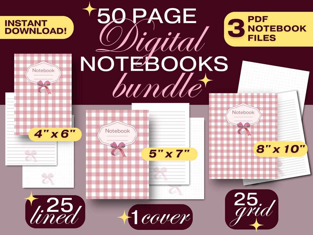 Red Gingham Digital Notebooks Bundle | 3 Full Files | 50 Pages | Lined ...
