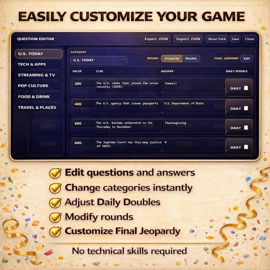 Interactive Jeopardy Game Template | Browser Based Trivia Game | Party ...