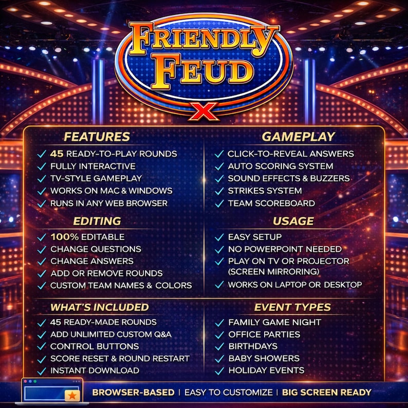 Editable Friendly Feud Party Game | Friendly Feud Trivia Quiz | No ...