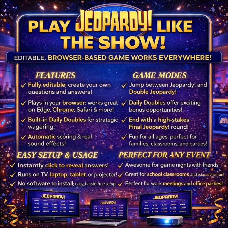 Interactive Jeopardy Game Template | Browser Based Trivia Game | Party ...