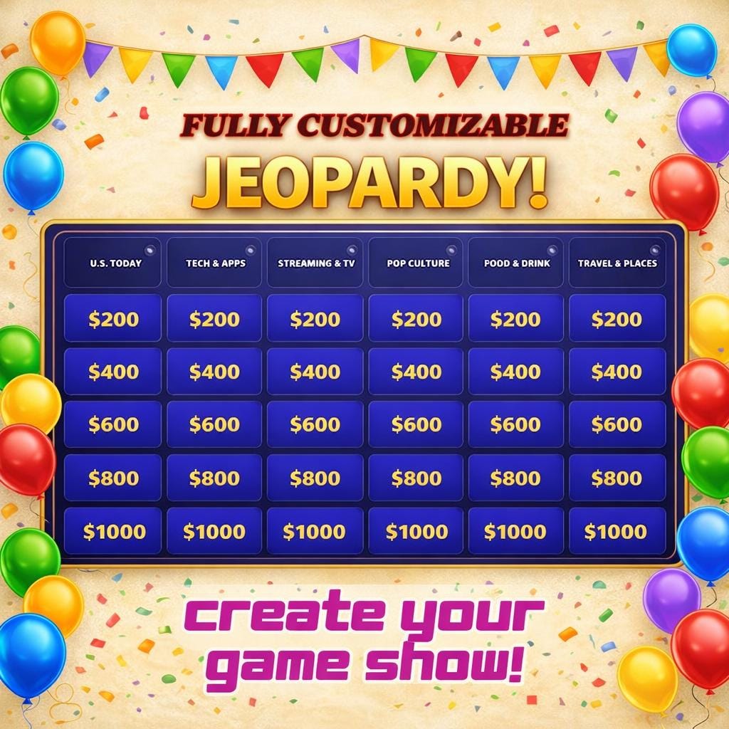 Interactive Jeopardy Game Template | Browser Based Trivia Game | Party ...