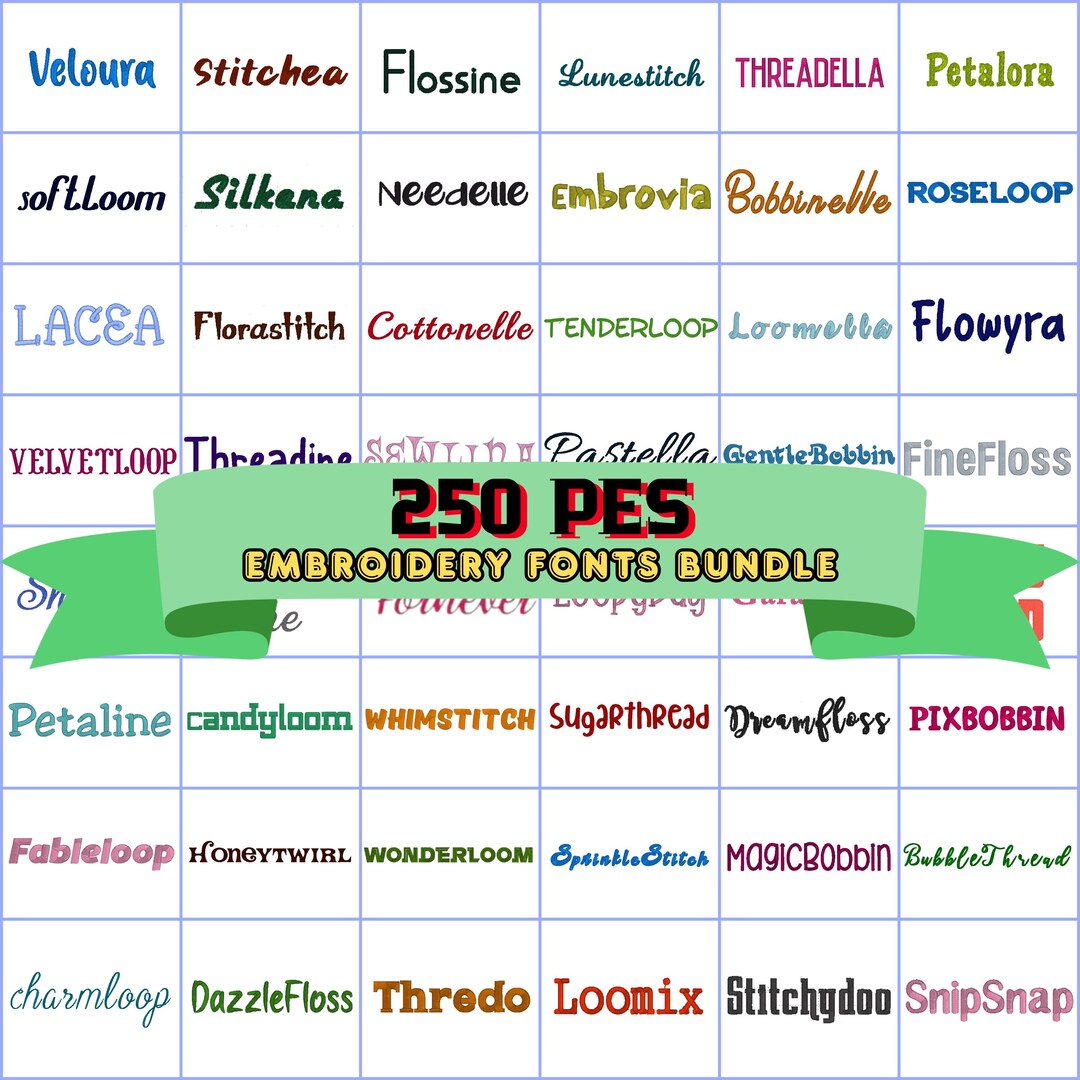 250 PES Embroidery Fonts Bundle for Machine | Embroidery Alphabet ...