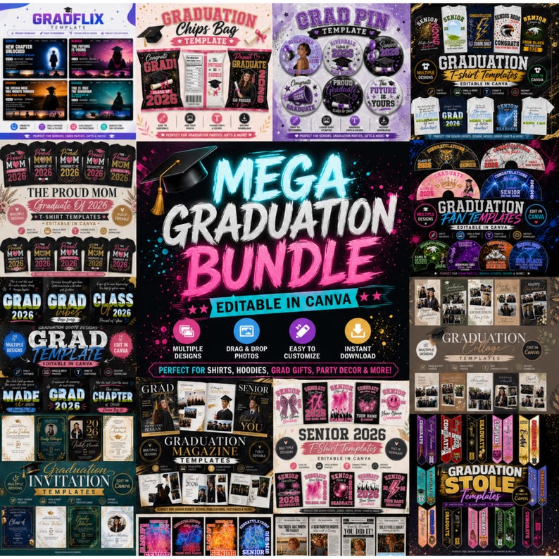 Mega Graduation Bundle Canva Templates, T-shirts, Fan Templates, Grad ...
