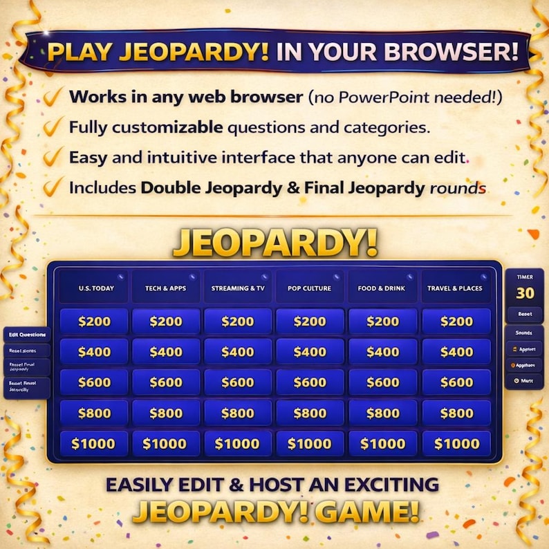 Interactive Jeopardy Game Template | Browser Based Trivia Game | Party ...