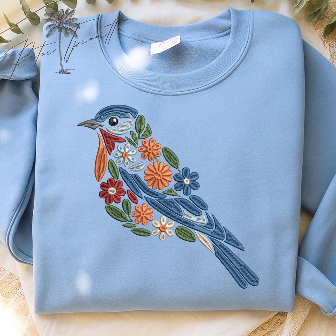 Floral Bluebird Embroidery Design, Cute Bird With Wildflowers, Spring ...