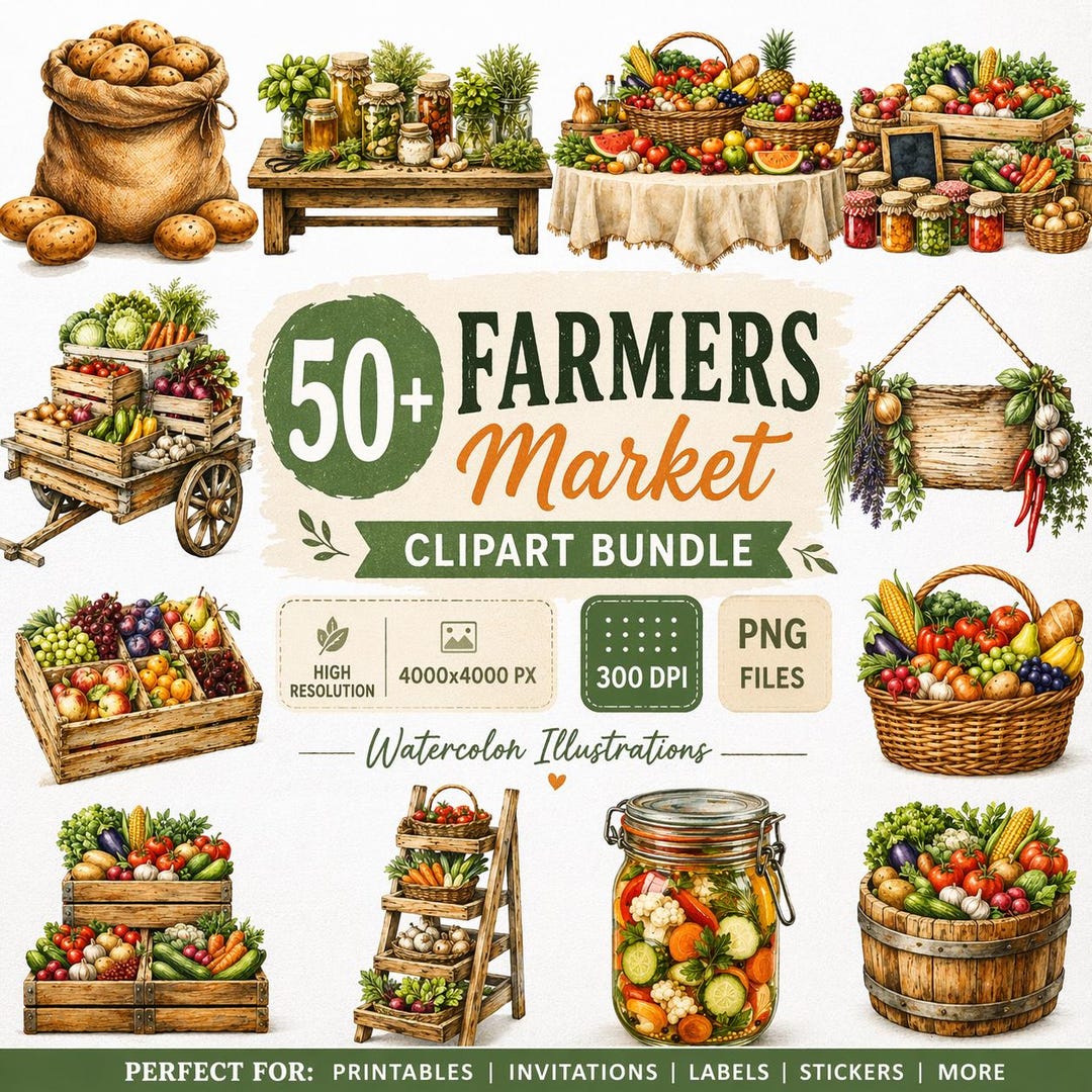Watercolor Farmers Market Clipart 50 PNG, Vegetables and Fruit,digital ...