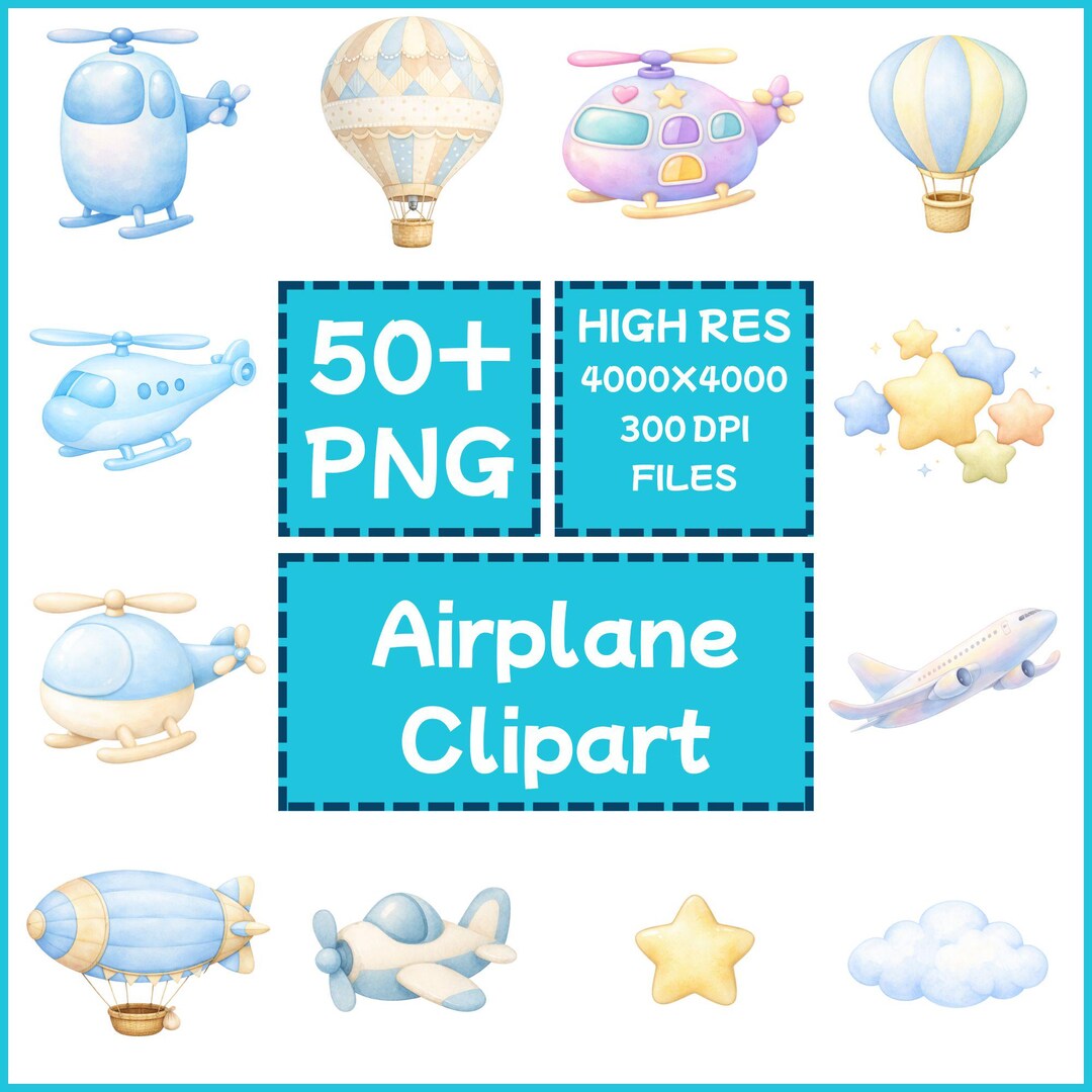 Watercolor Airplane Clipart Bundle, Airship Hot Air Balloons (digital ...