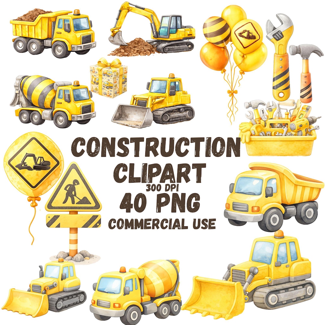 Watercolor Construction Clipart, Vehicles, Birthday (PNG, Commercial ...