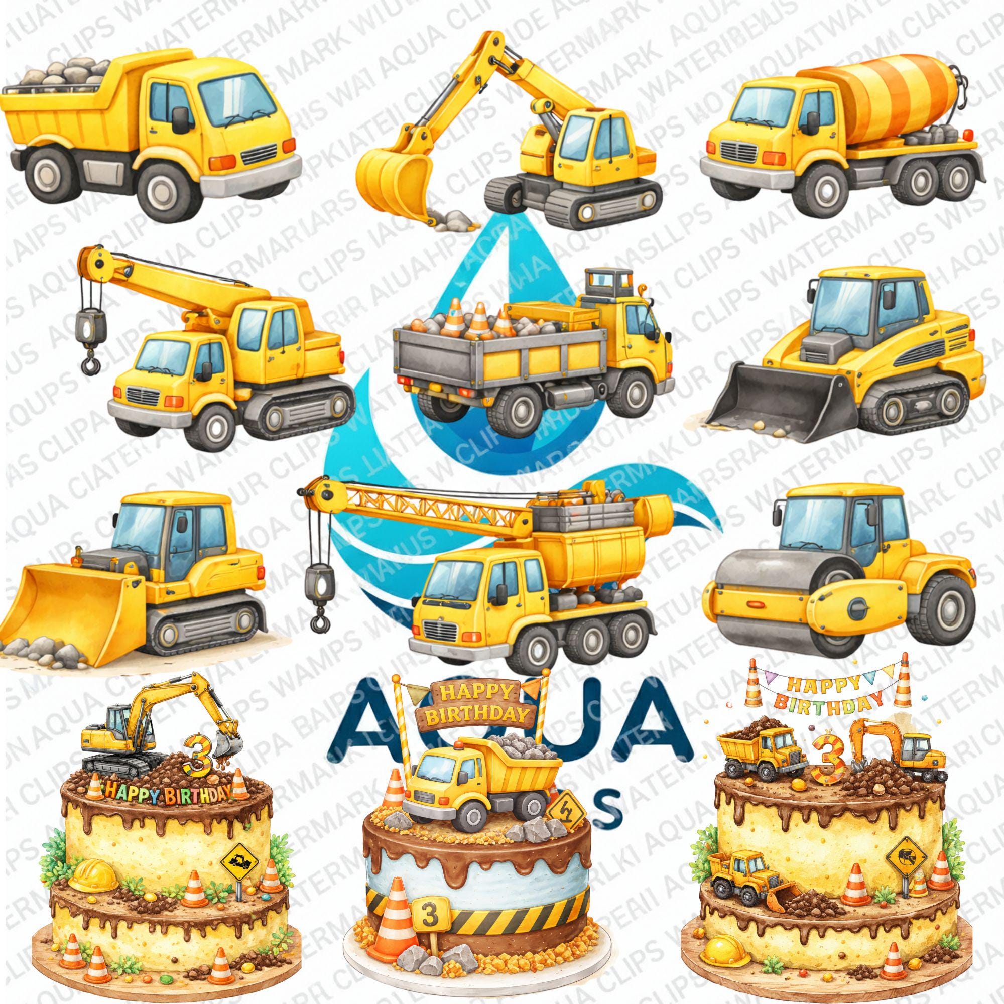Watercolor Construction Clipart, Vehicles, Birthday (PNG, Commercial ...