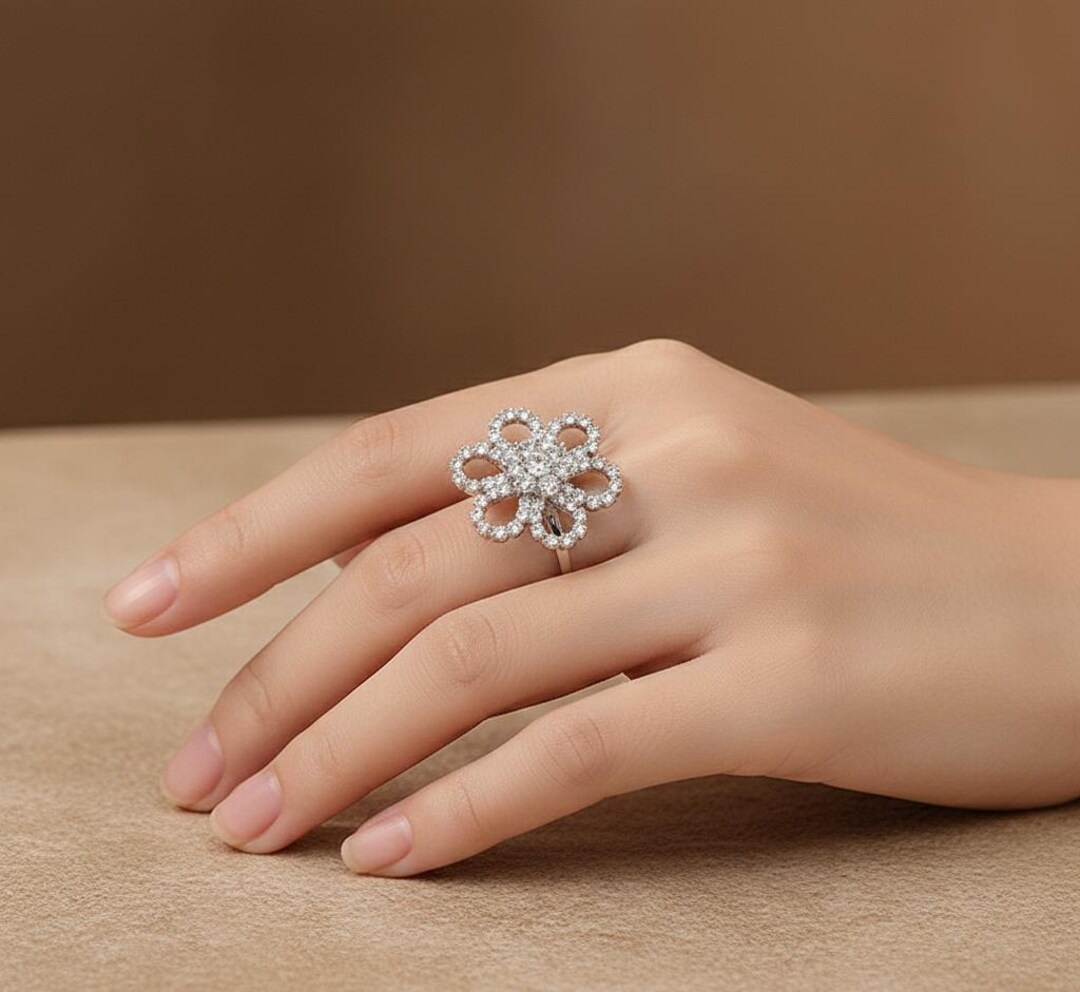 Silver Crystal Flower Ring for Women, Sparkling Floral Statement Ring ...