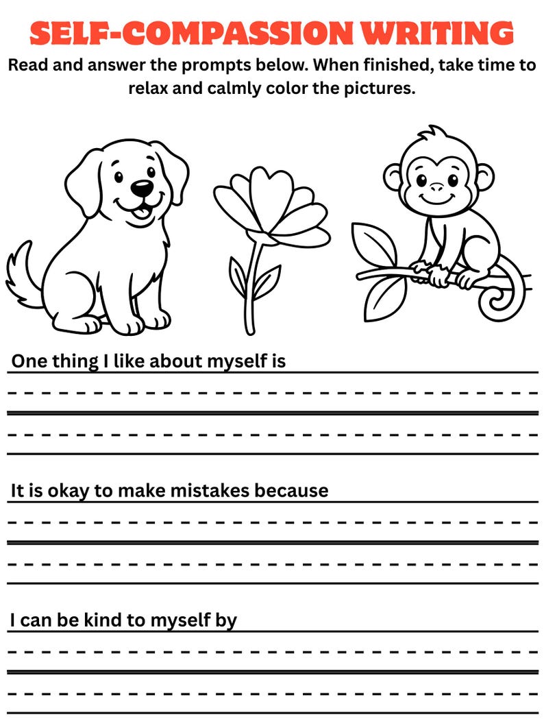Self Compassion Writing Coloring Worksheet for Kids | Positive Self ...