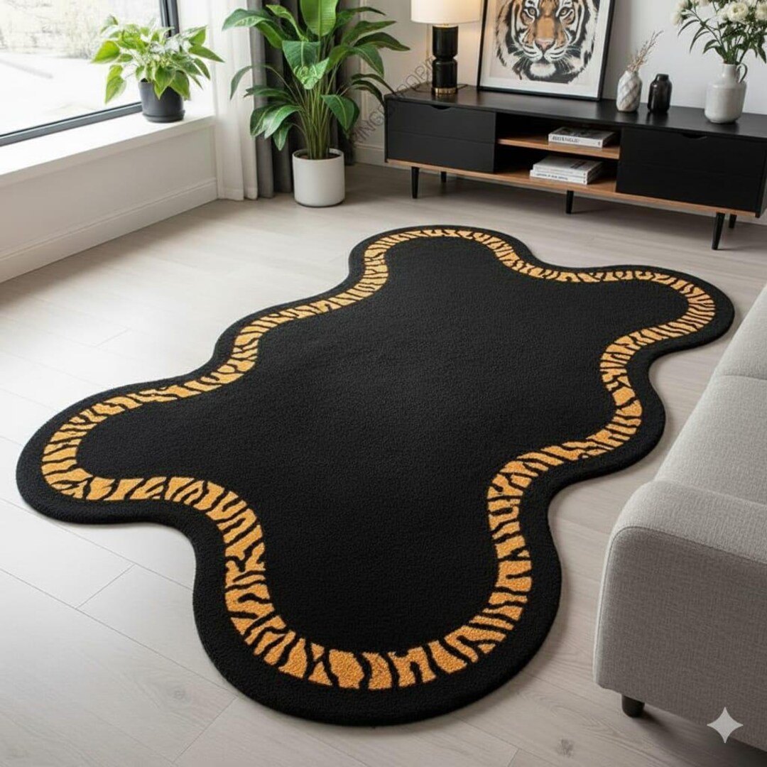 Black Tiger Border Hand Tufted Rug, Irregular Wavy Animal Print Wool ...