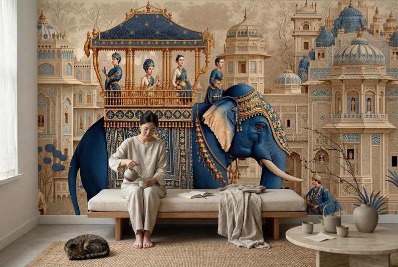 Indian Elephant Peel and Stick Wallpaper: Royal Palace Wall Mural, Blue ...