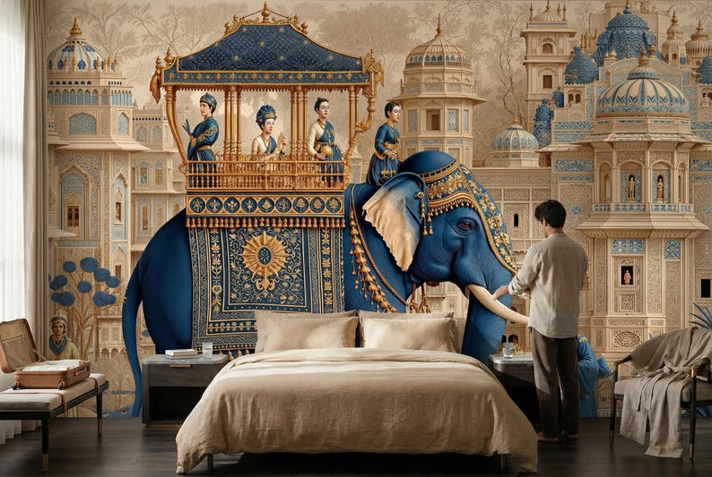 Indian Elephant Peel and Stick Wallpaper: Royal Palace Wall Mural, Blue ...