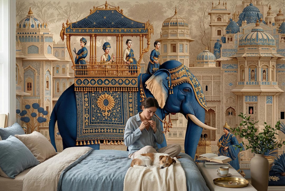 Indian Elephant Peel and Stick Wallpaper: Royal Palace Wall Mural, Blue ...