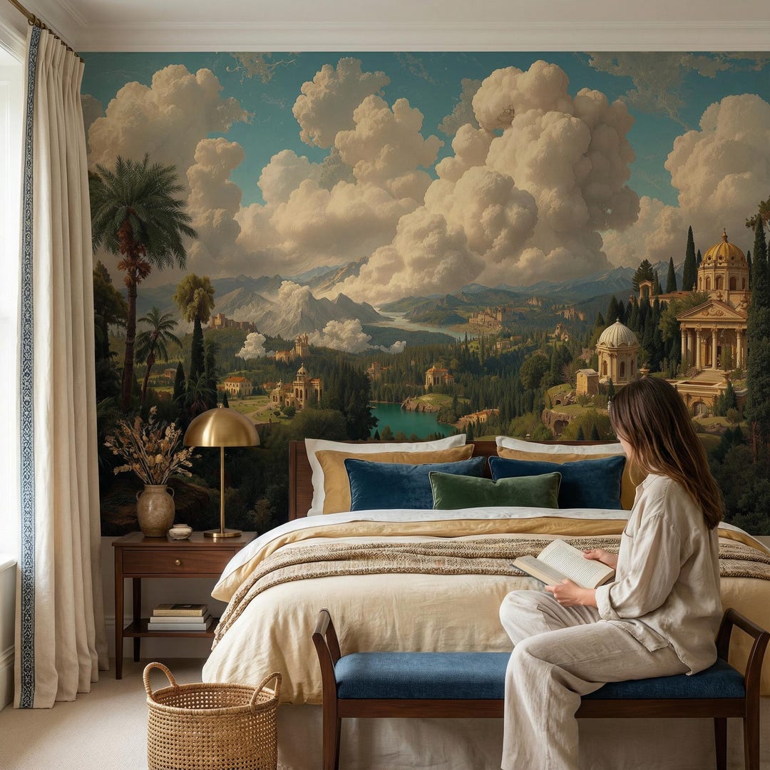 Italian Landscape Mural, Golden Domes Over an Emerald Valley, Vintage ...