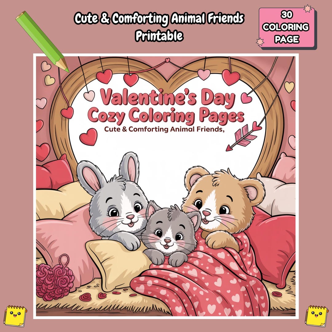 Valentine’s Day Cozy Coloring Pages, Cute & Comforting Animal Friends Printable, Romantic ...