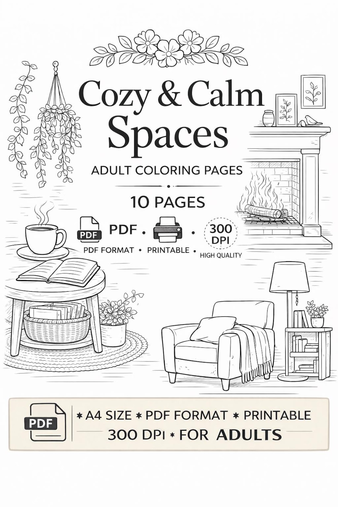 Cozy Calm Spaces Adult Coloring Pages | Relaxing Home Scenes ...