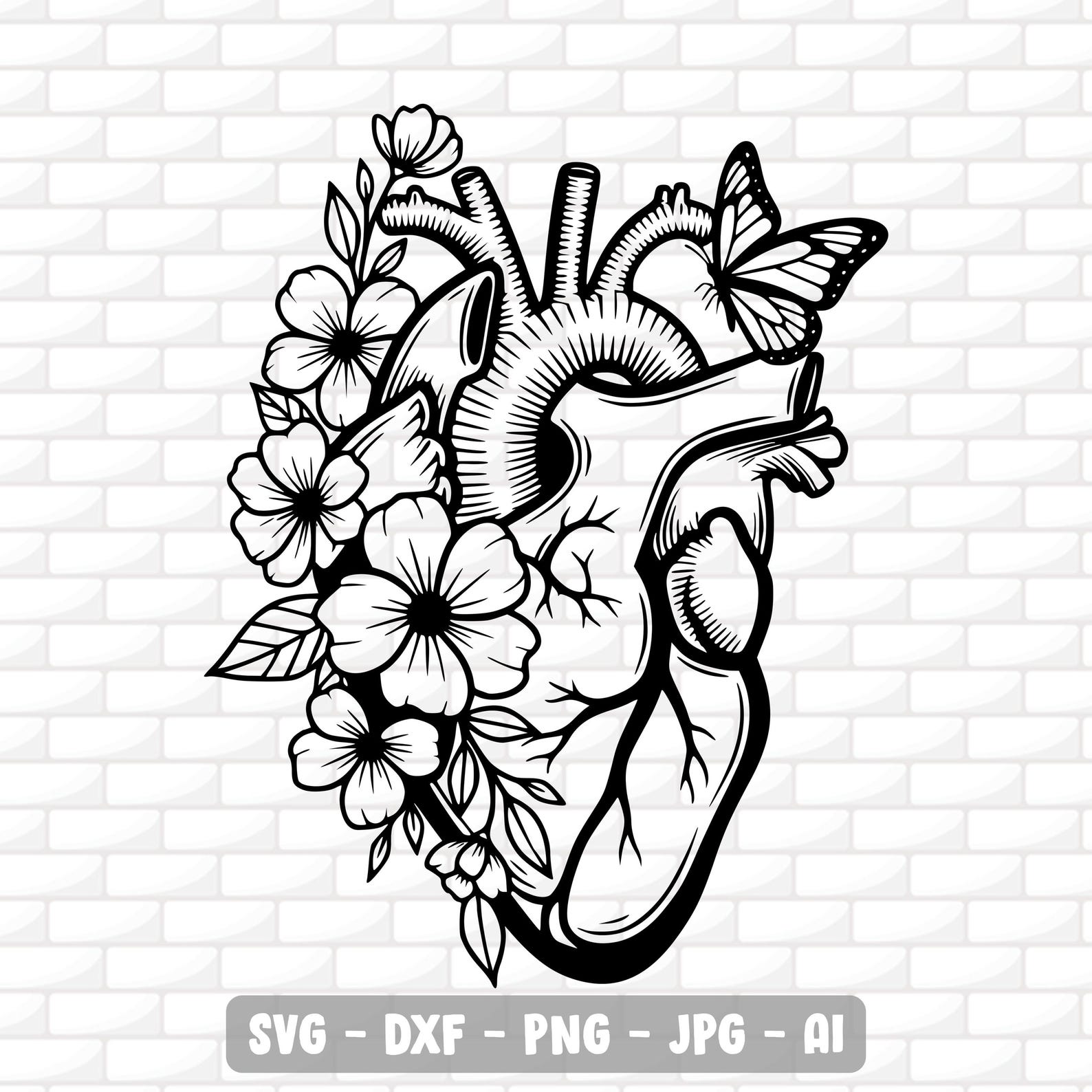 Floral Anatomical Heart Svg | Cardiology Svg | Anatomical Heart Clipart ...