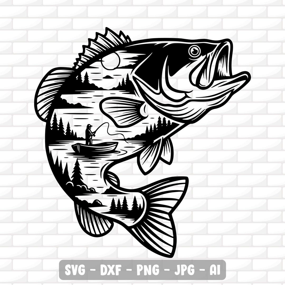 Bass Fishing Svg | Forest Lake Fish Silhouette | Angler Tshirt Design ...