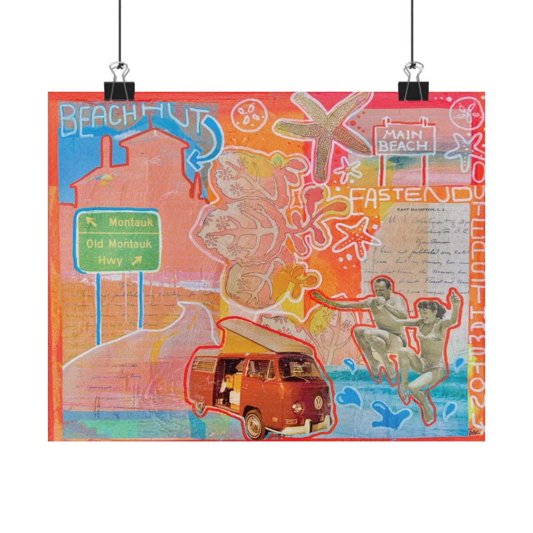 Surf Van Beach Hut Collage Art Print | Matte Horizontal Poster, Retro ...