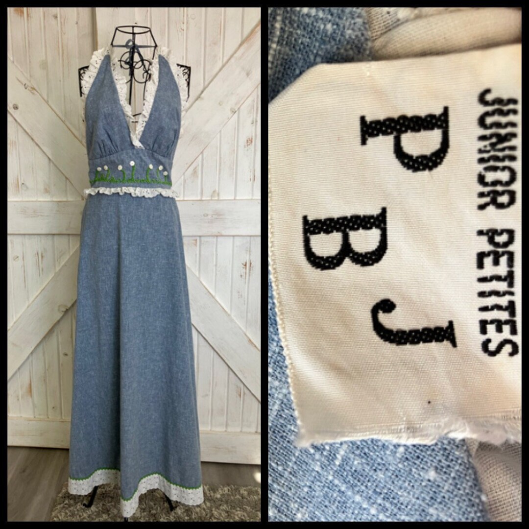70's Vintage PBJ Jerell Texas Blue Chambray White Lace Halter Prairie ...