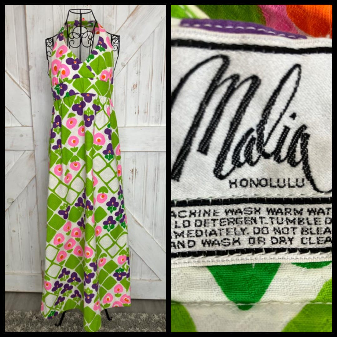 70's Vintage Malia Honolulu Pink Green Purple White Flower Power ...